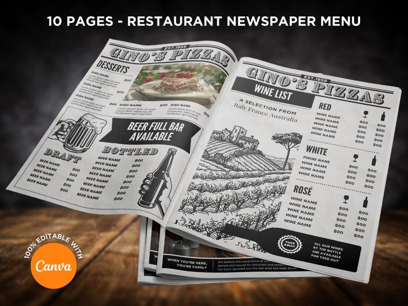 Retro Newspaper Restaurant Menu Template: Editable Diner Menu (digital ...