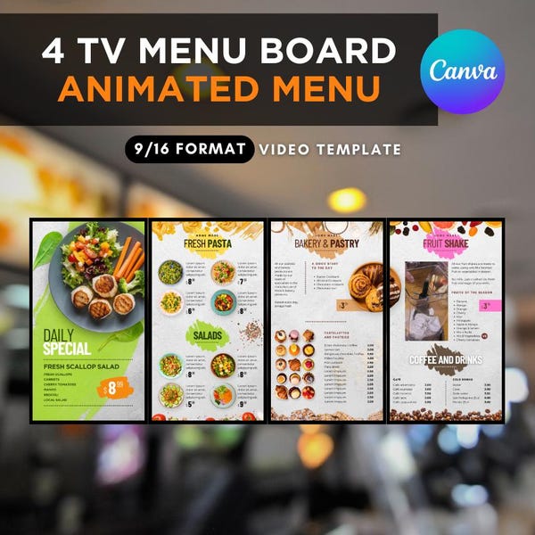 Restaurant 4 TV 9/16 Animated Menu Board, Editable on Canva - Etsy