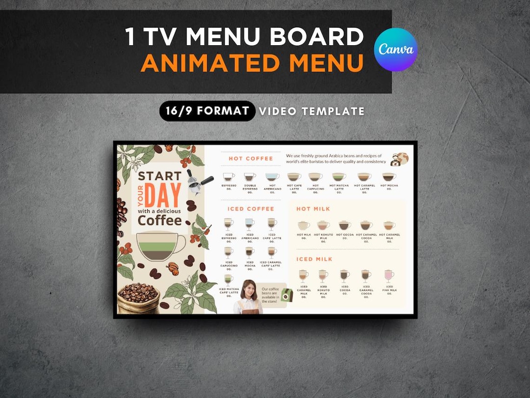 Animated Coffee Shop TV Menu Board Canva Template (16:9 Digital Display ...