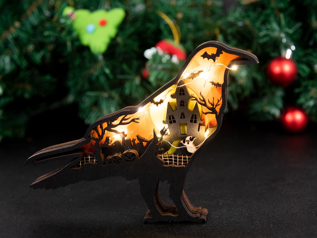 3D Carved Wooden Crow Light Nights for Him,wood Animals Ornament, Dark ...