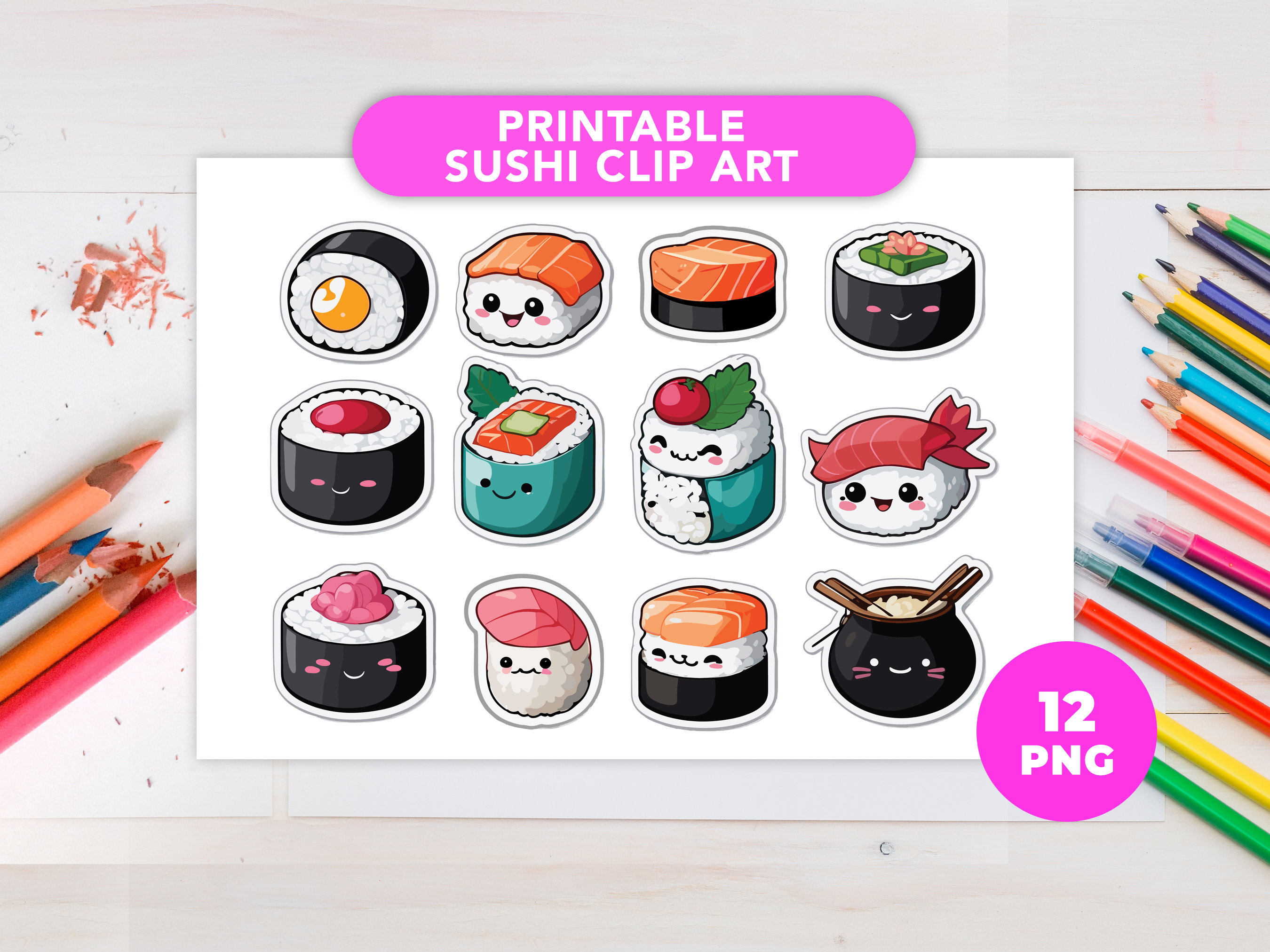 Cute Kawaii Sushi Clip Art Printable Digital Download Vector Art ...