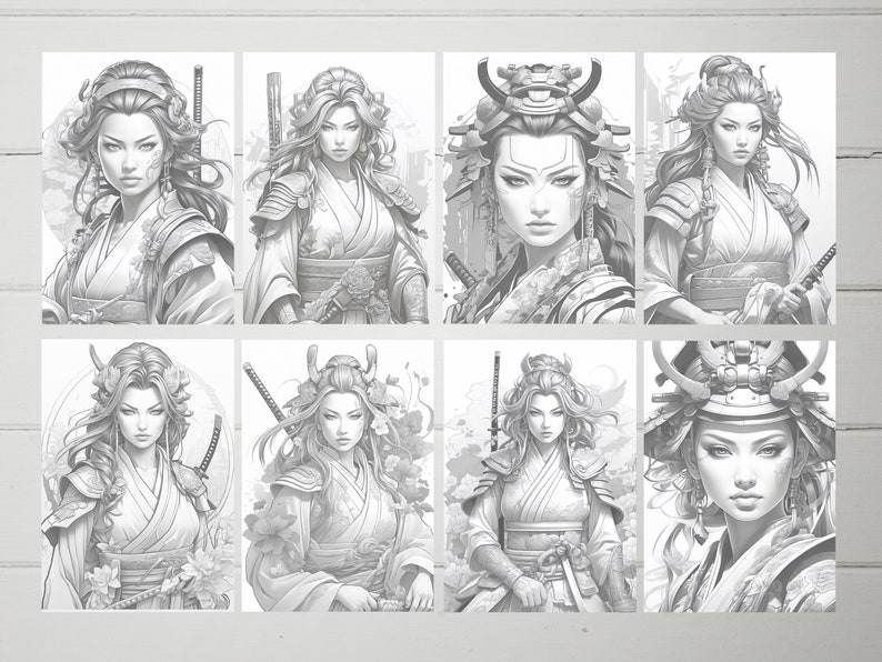 Female Samurai Warrior Coloring Pages Instant Download Grayscale ...