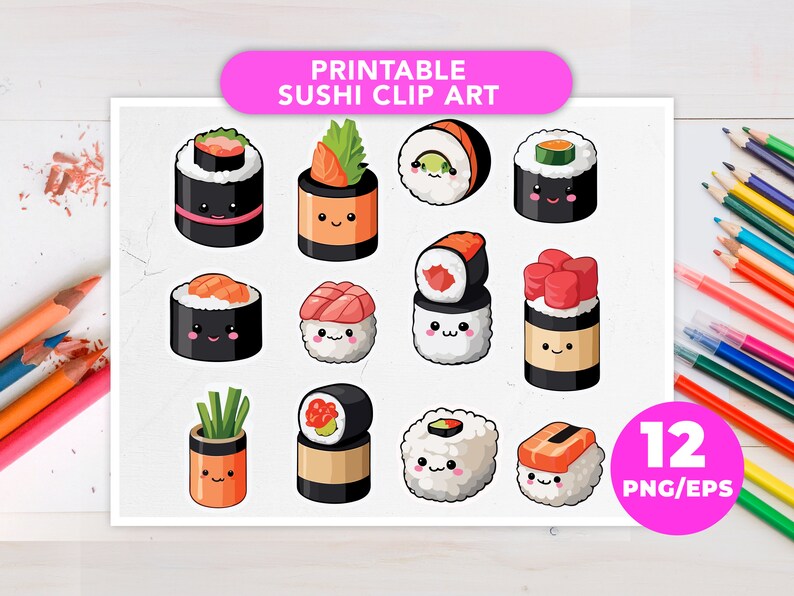 Cute Kawaii Sushi Clip Art Printable Digital Download Vector Art ...