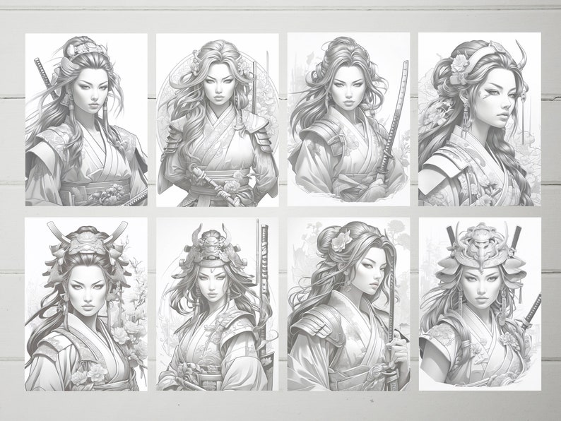 Female Samurai Warrior Coloring Pages Instant Download Grayscale ...