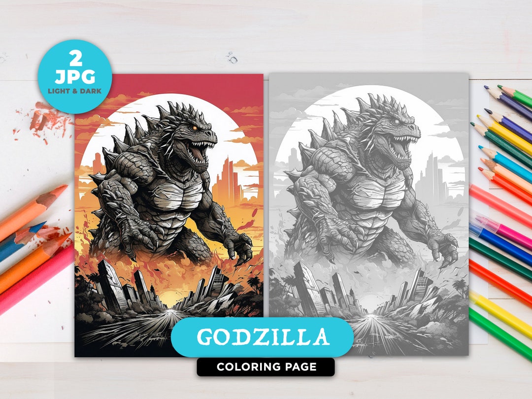 Godzilla Coloring Page Instant Download Grayscale Coloring Adults ...