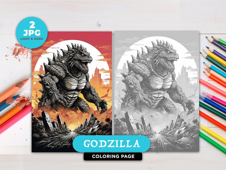 Godzilla Coloring Page Instant Download Grayscale Coloring Adults ...
