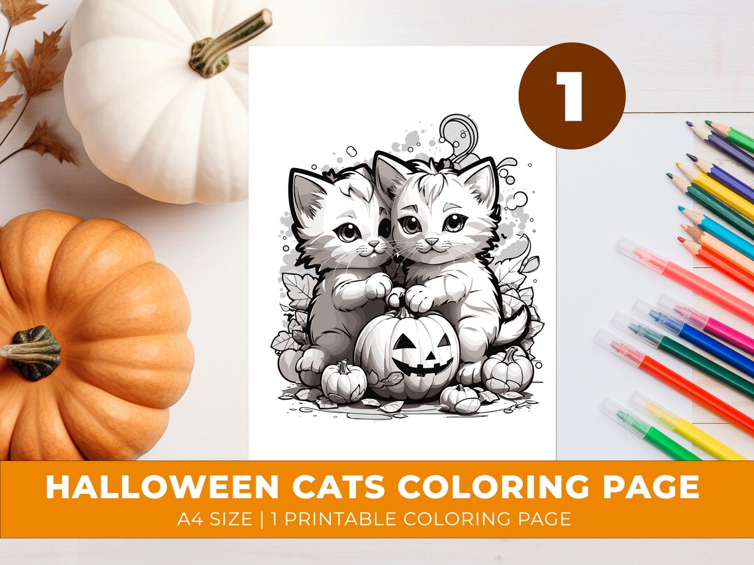 Cute Halloween Cats Coloring Page Instant Download Printable Coloring ...