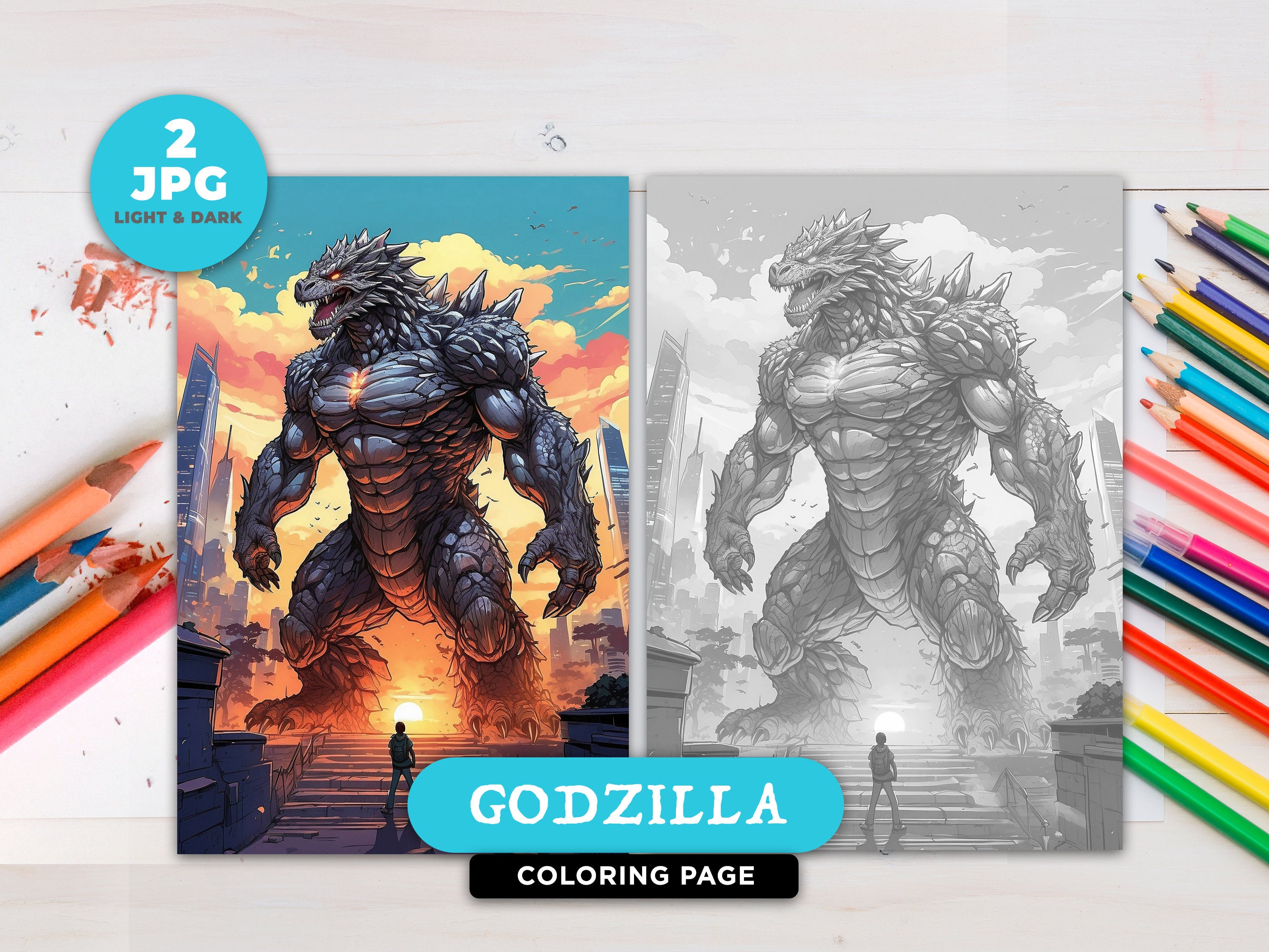 Godzilla Coloring Page Instant Download Grayscale Coloring Adults ...