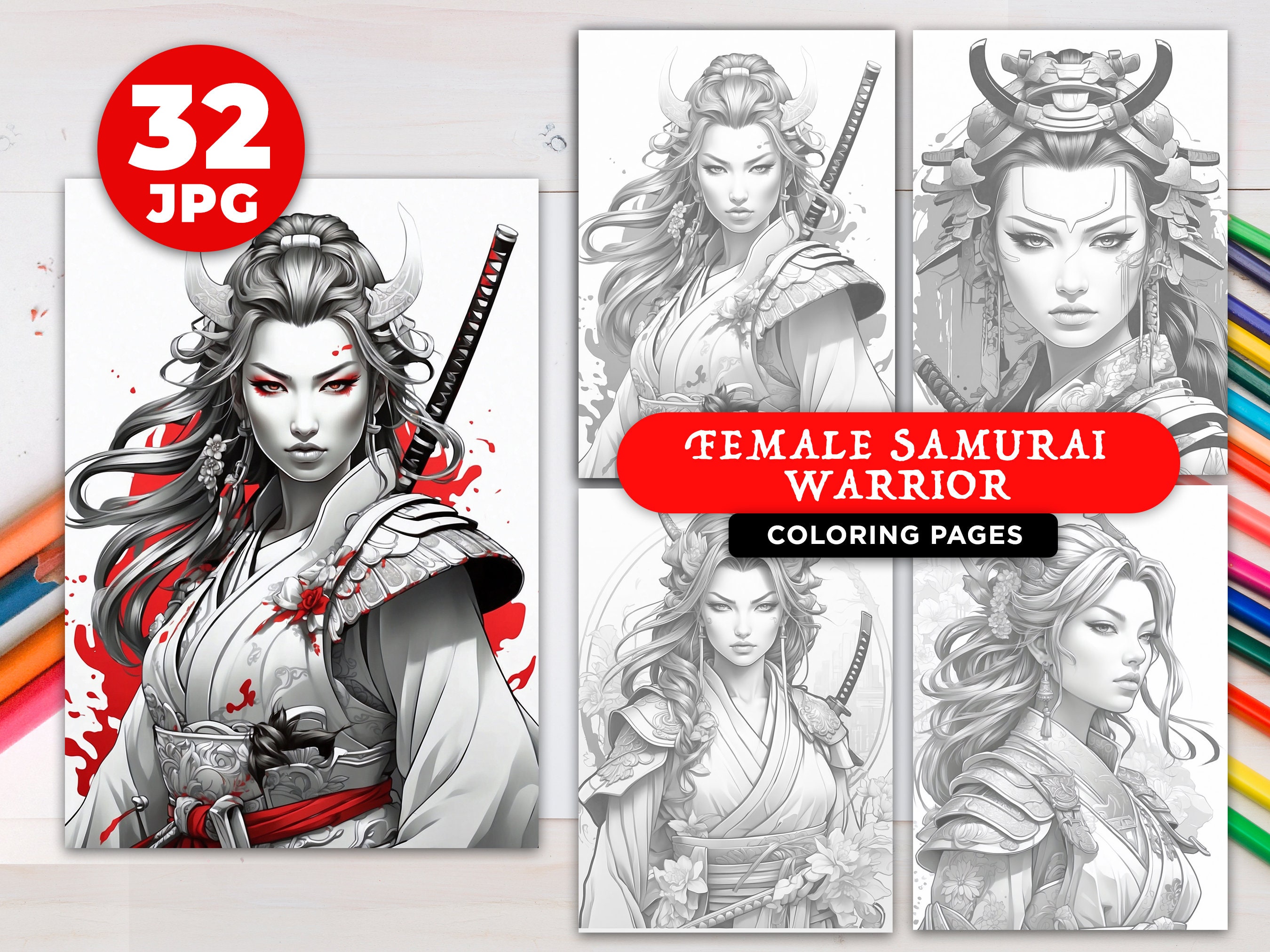 Female Samurai Warrior Coloring Pages Instant Download Grayscale ...