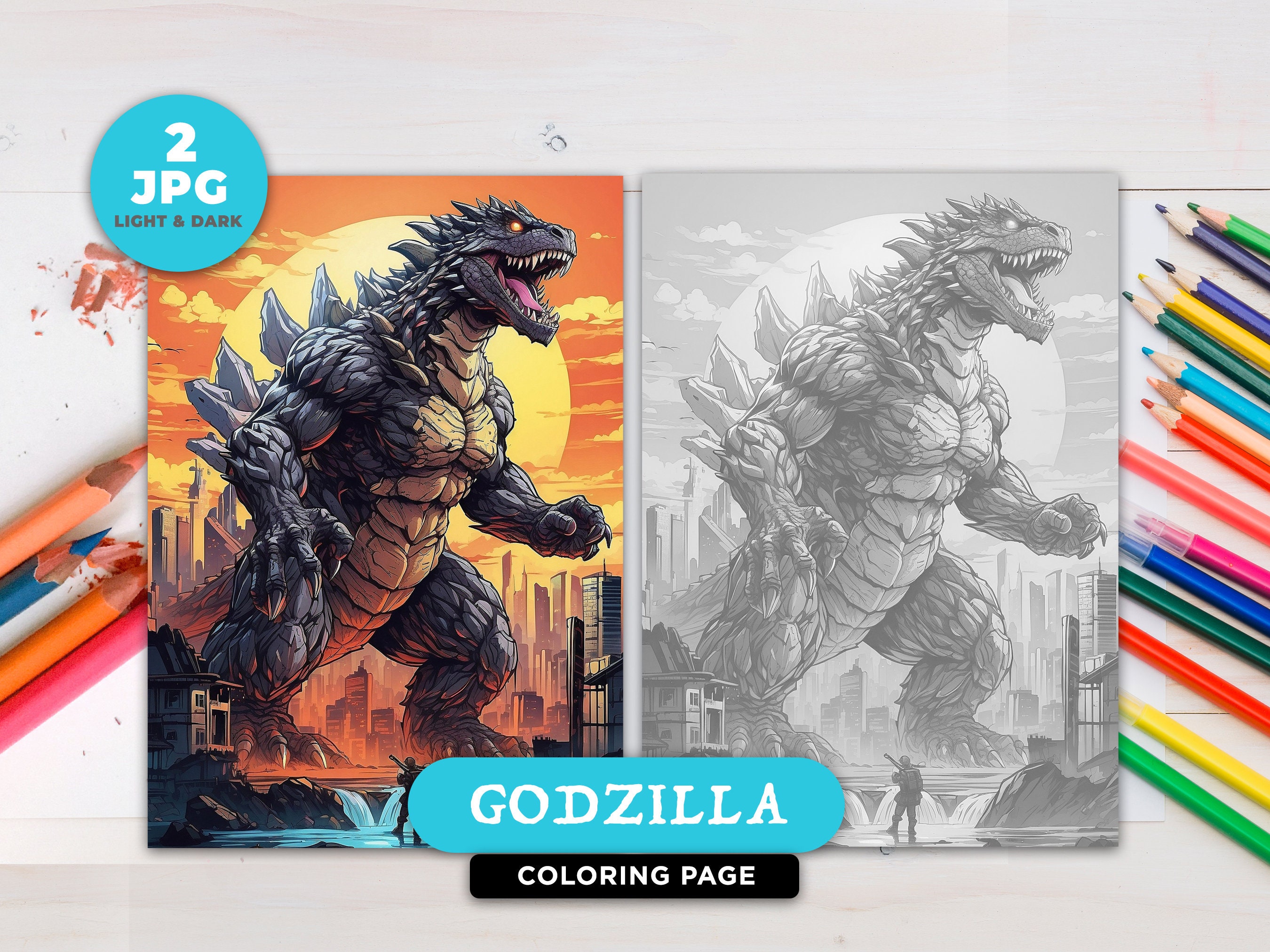 Godzilla Coloring Page Instant Download Grayscale Coloring Adults ...