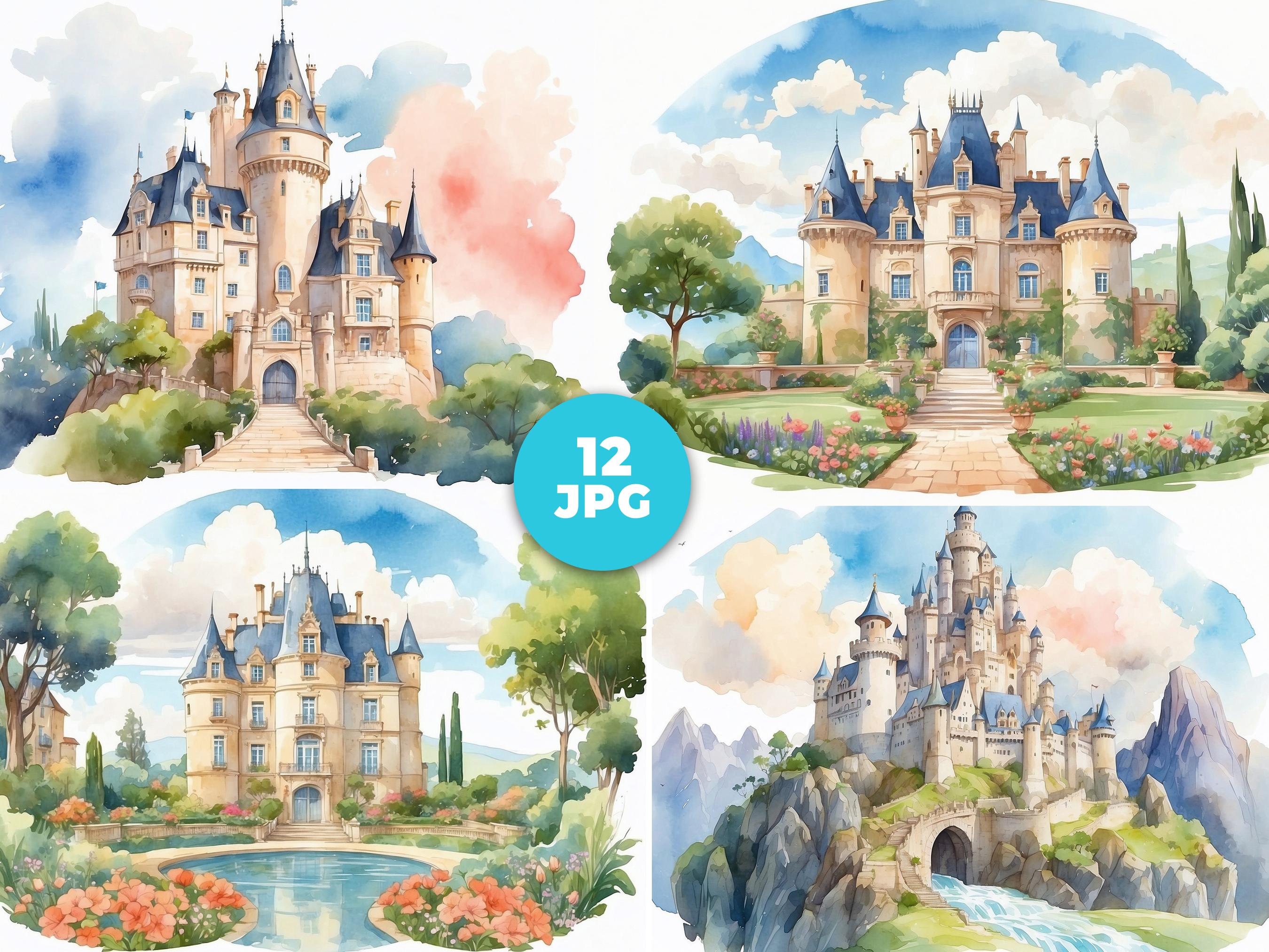 12 French Chateau Watercolor Clip Art Digital French Chateau Printable ...