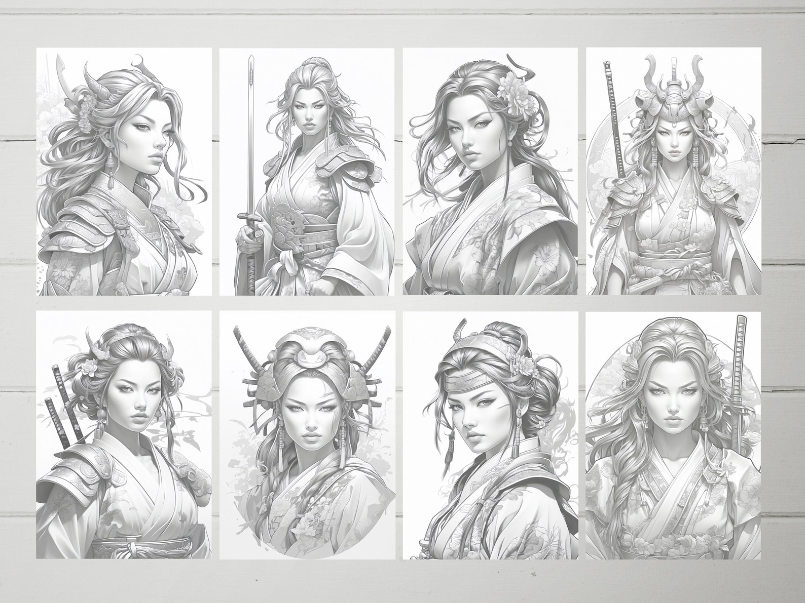 Female Samurai Warrior Coloring Pages Instant Download Grayscale ...