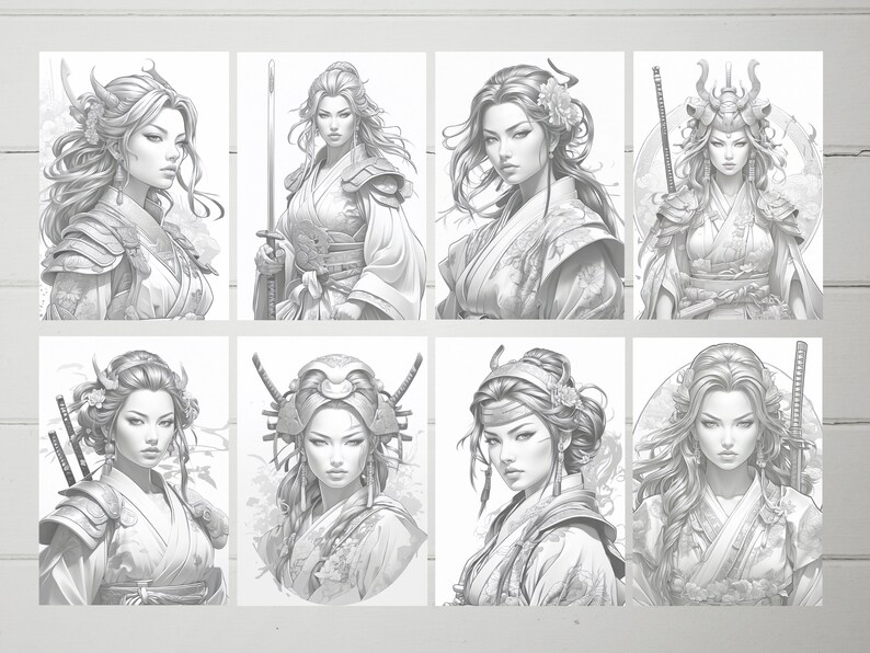 Female Samurai Warrior Coloring Pages Instant Download Grayscale ...