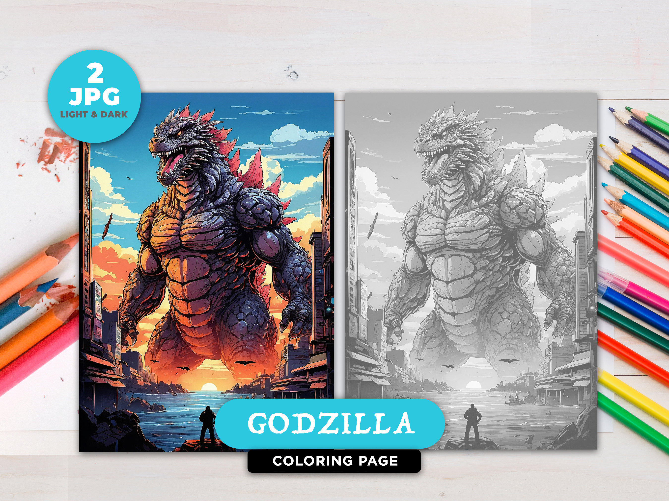 Godzilla Coloring Page Instant Download Grayscale Coloring Adults ...