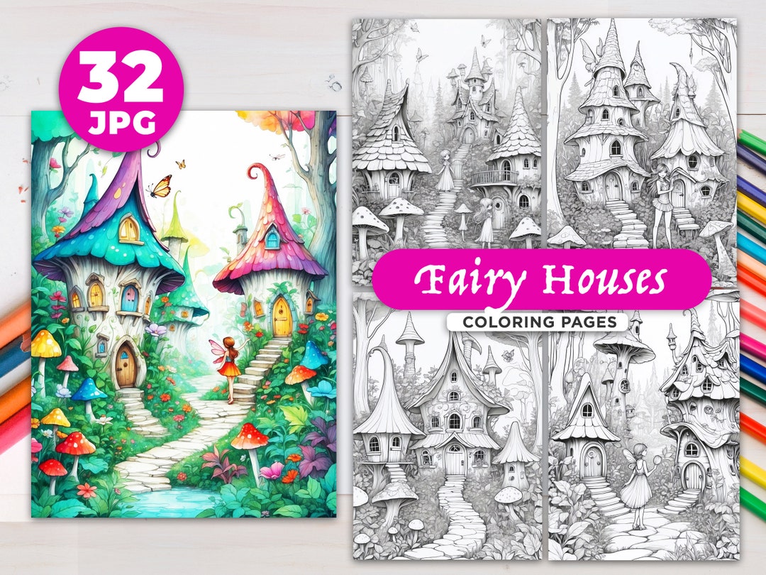 Fairy Houses Coloring Pages Instant Download Grayscale Coloring Sheet ...