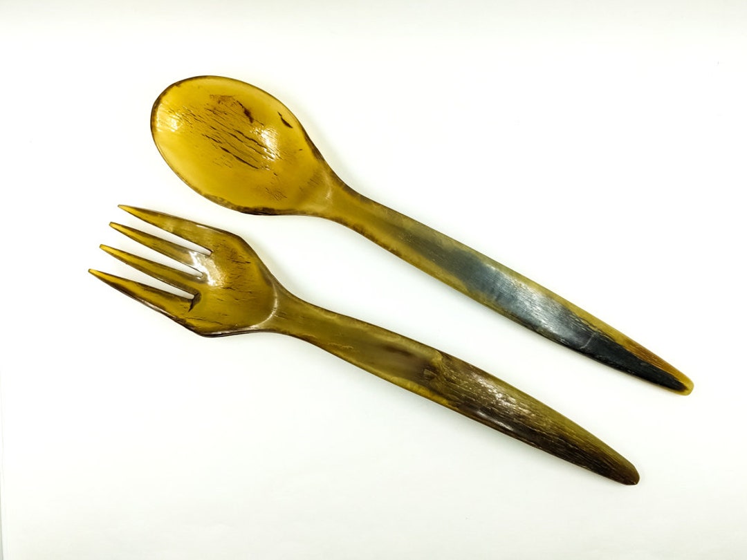 Set of Antique Bone Fork and Spoon Horn Fork Horn Spoon Vintage Fork ...