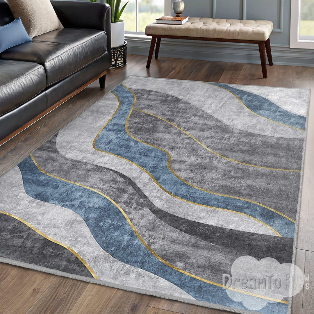 Modern Abstract Blue Wave Area Rug-gray Elegant Flowing Curves Accent ...