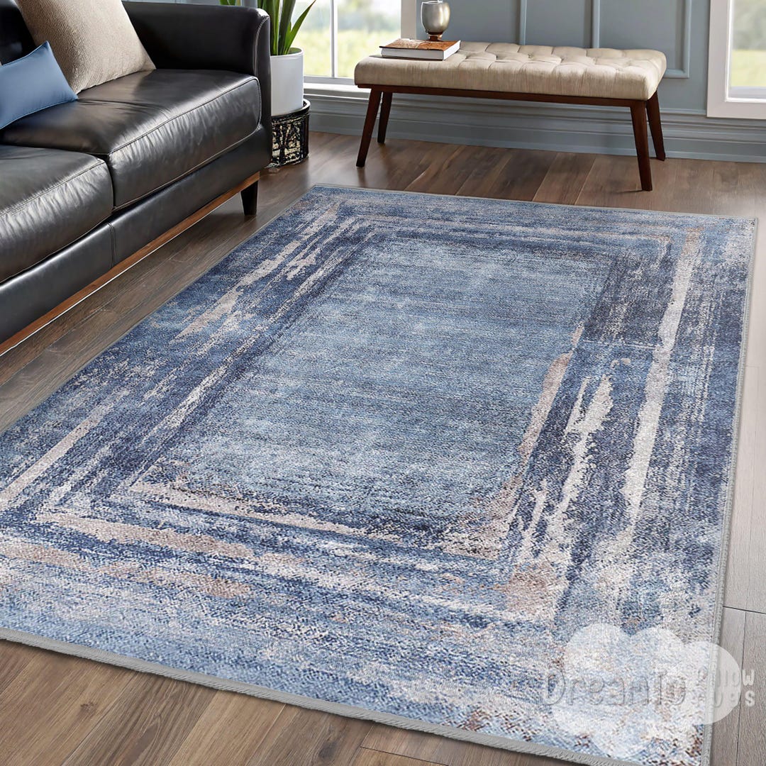 Abstract Blue Distressed Area Rug-rustic Navy Textured Home Decor ...