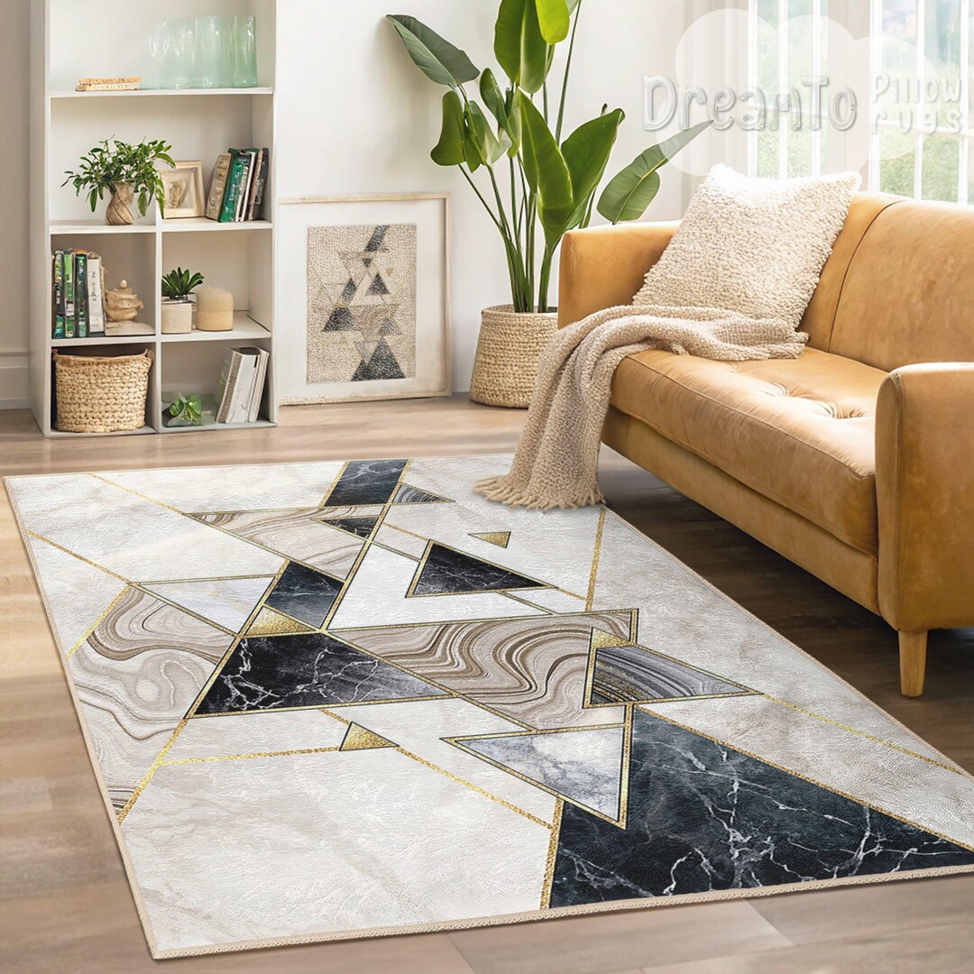 Geometric Marble Triangle Gold Area Rug-black White Abstract Triangular ...