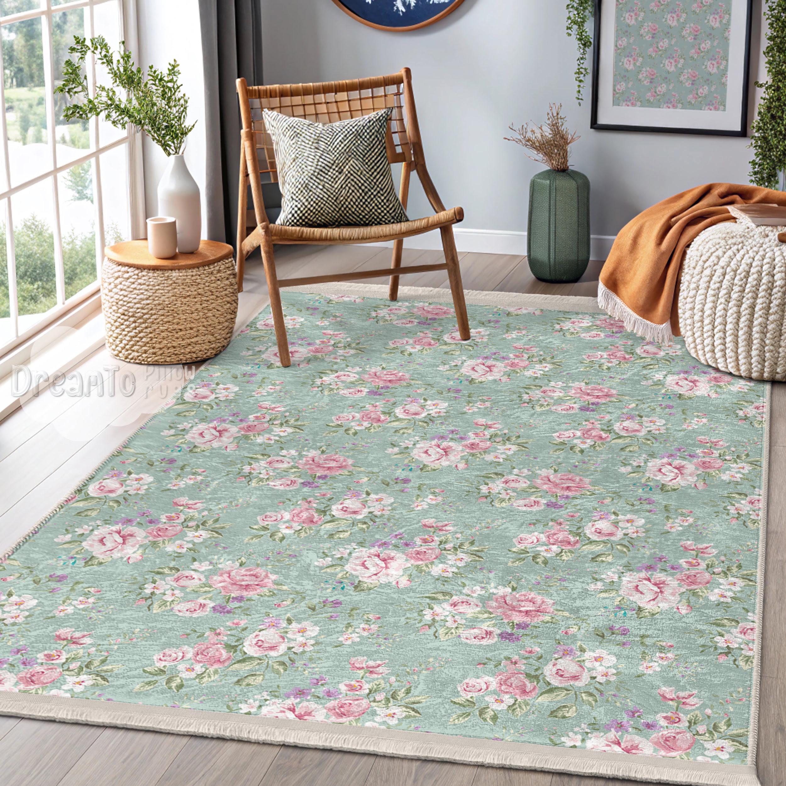Elegant Floral Pink Roses Area Rug-shabby Chic Cottage Decor-sage Green ...