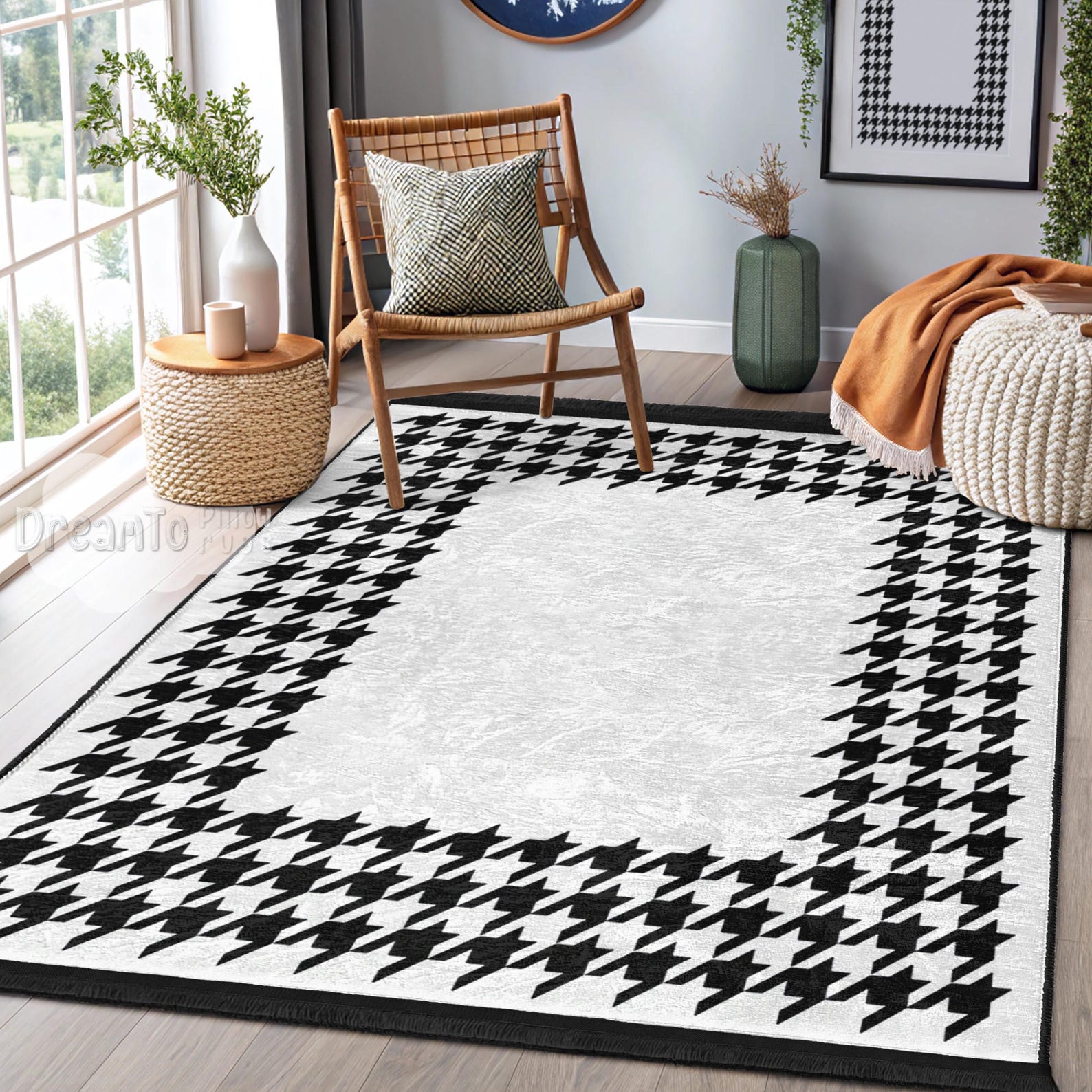 Houndstooth Border Modern Black White Area Rug-geometric Checkered ...