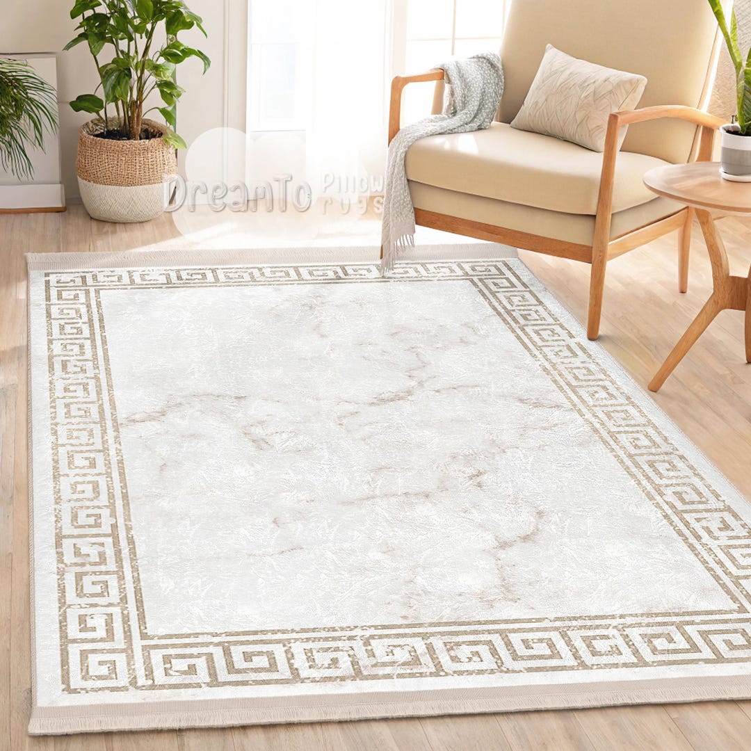 Elegant Greek Key Border Marble Area Rug-beige Cream Accent Carpet ...