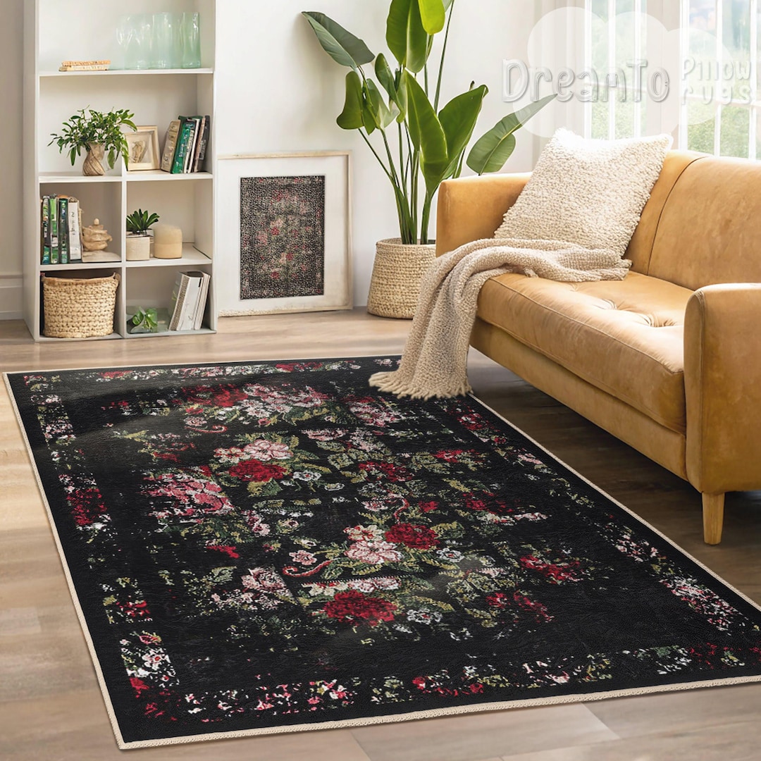 Floral Black Red Area Rug-elegant Victorian Botanical Accent Carpet ...