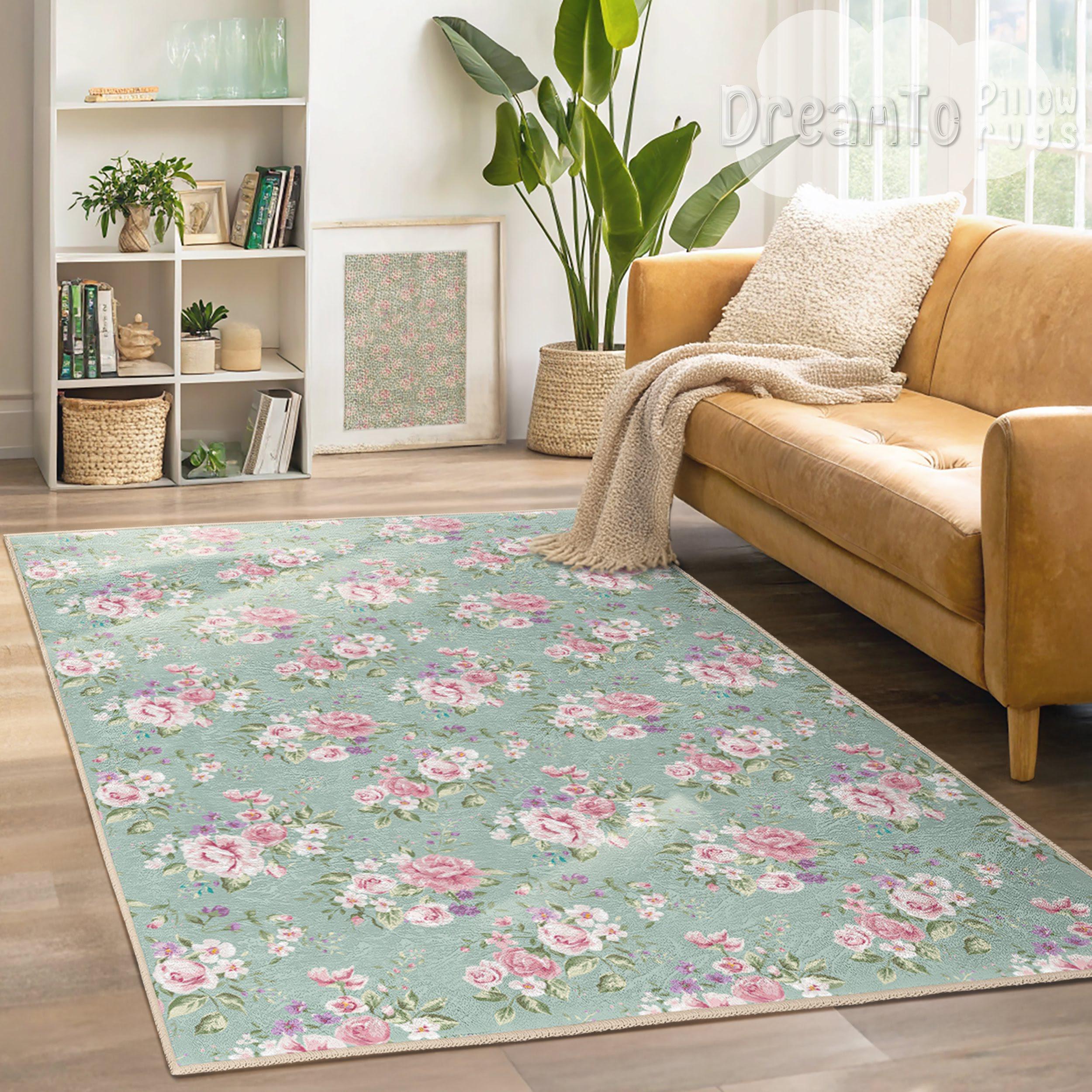 Elegant Floral Pink Roses Area Rug-shabby Chic Cottage Decor-sage Green ...