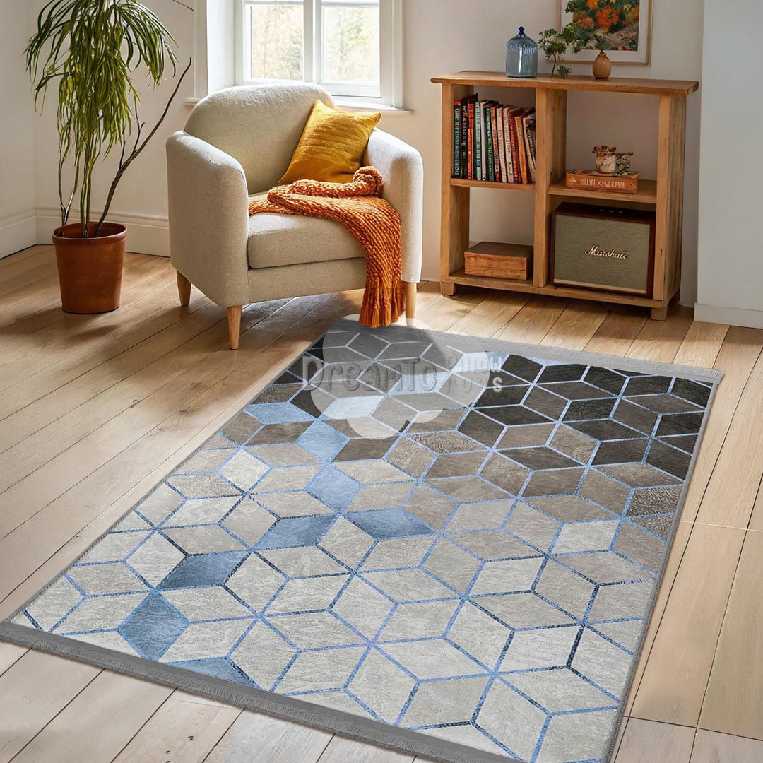 Geometric Blue Gradient Cube Area Rug-modern Diamond Metallic Accent ...