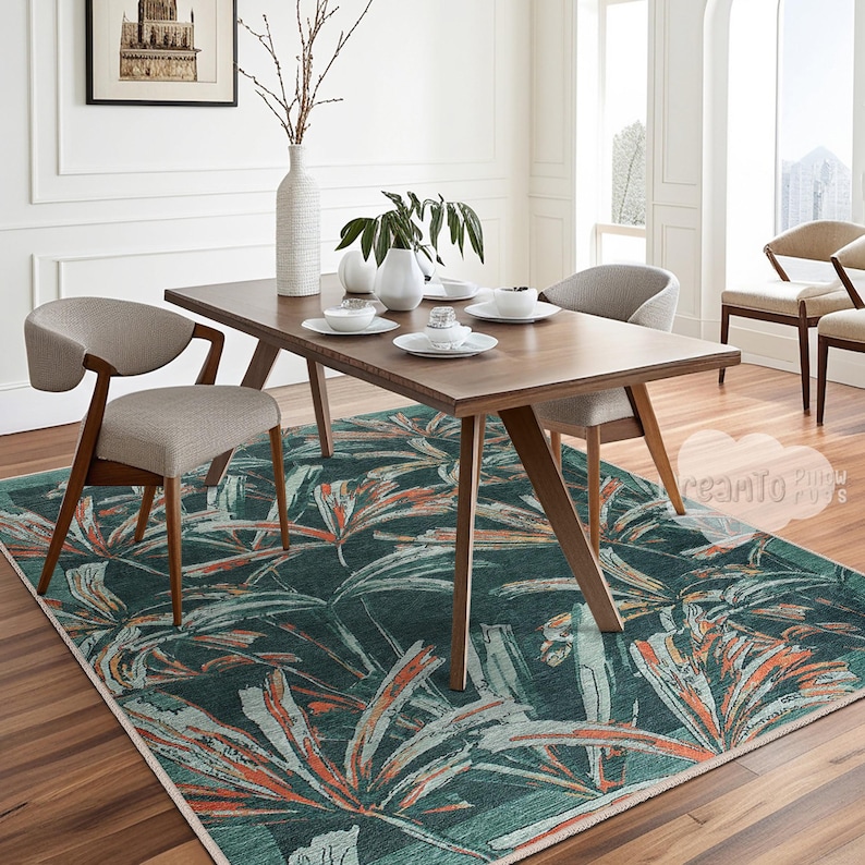 Tropical Palm Fronds Dark Teal Area Rug,exotic Coral Orange Botanical ...