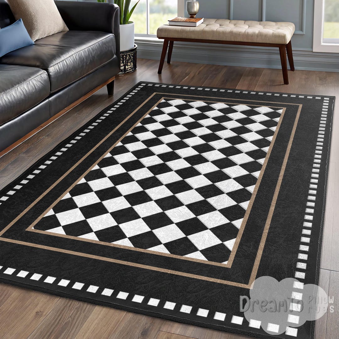 Checkered Diamond Black White Area Rug-geometric Modern Border Accent ...