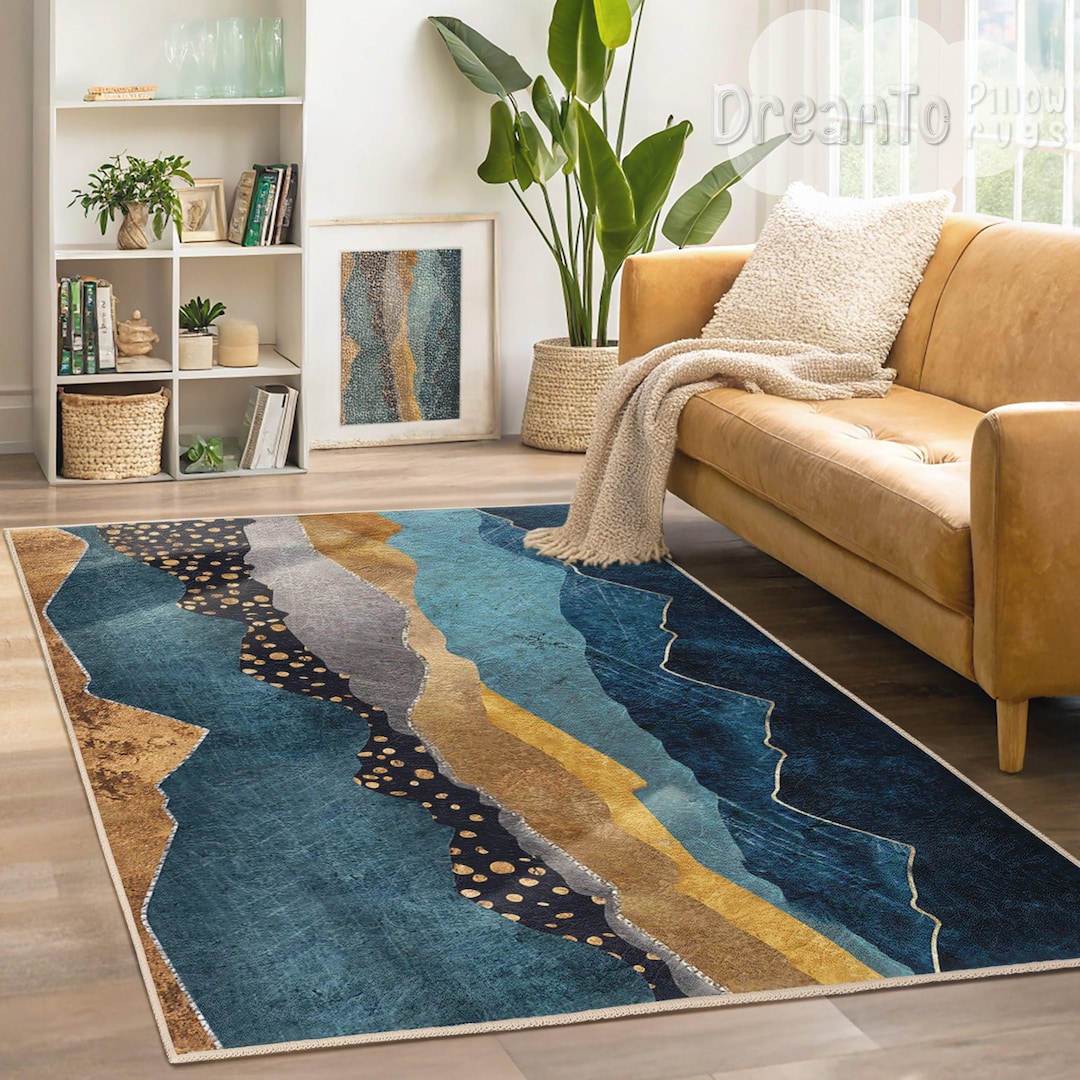 Abstract Ocean Blue Gold Waves Area Rug-geometric Navy Dotted Mountains ...
