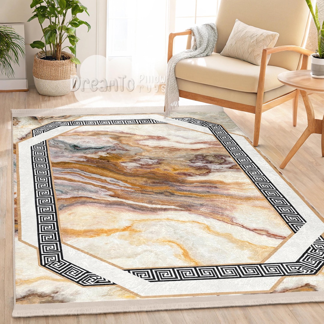Elegant Greek Key Marble Area Rug-swirling Golden Honey Ochre Decor ...