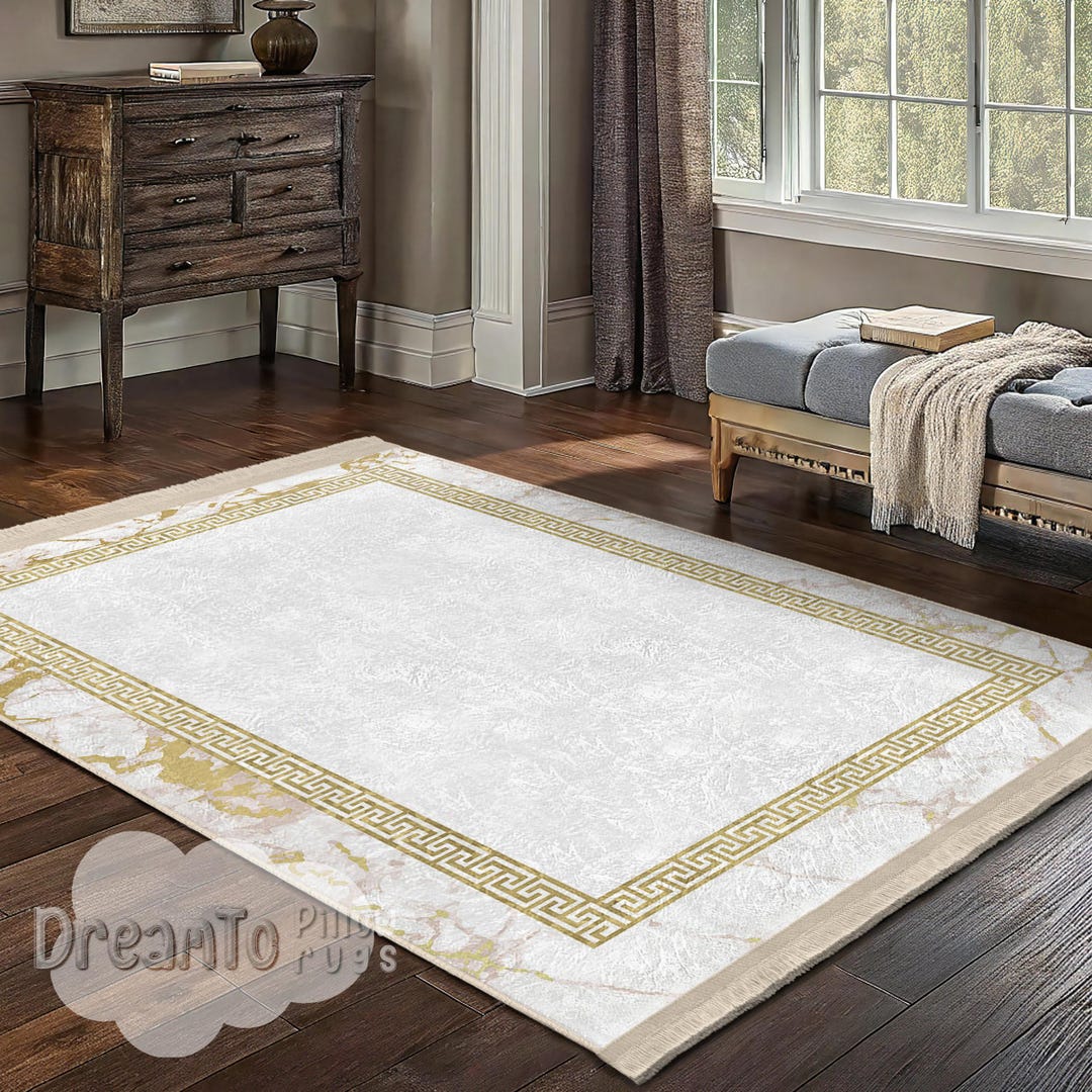 Greek Key Marble Frame Gold Area Rug-elegant Meander Border Accent ...