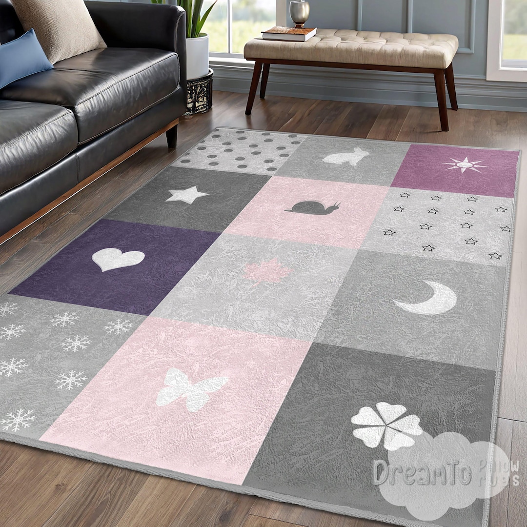 Minimalist Symbols Animals Stars Area Rug-pink Purple Grey Accent ...