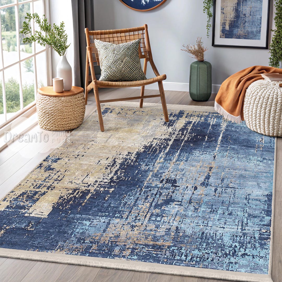 Modern Abstract Navy Gold Area Rug-elegant Brushstroke Blue Decor ...