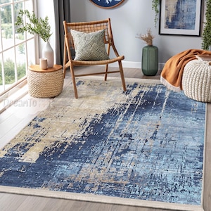 Modern Abstract Navy Gold Area Rug-elegant Brushstroke Blue Decor ...