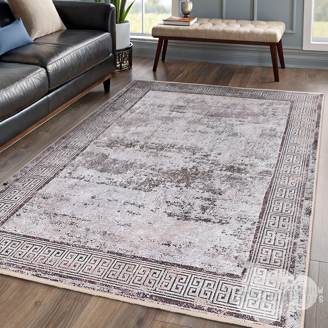 Greek Key Border Area Rug-distressed Pink White Abstract Design ...