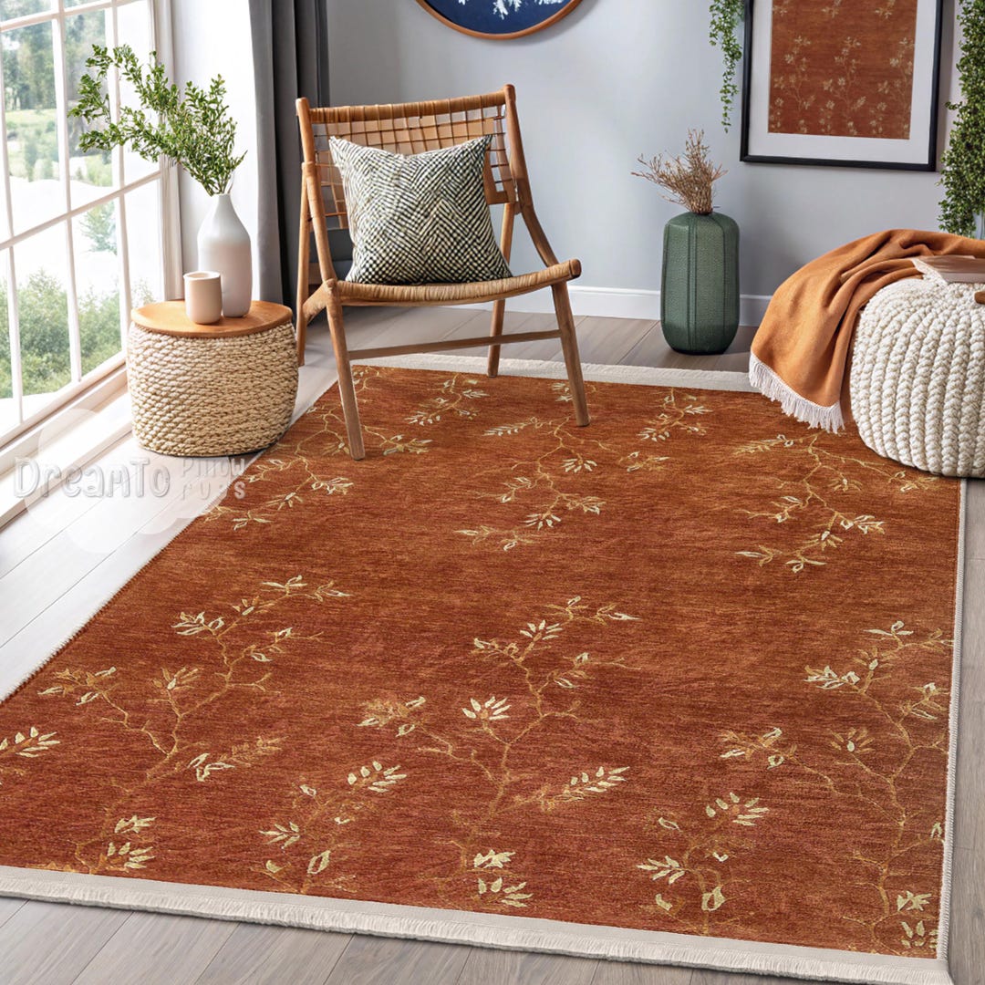 Organic Botanical Branch Copper Area Rug-rustic Golden Vine Accent ...