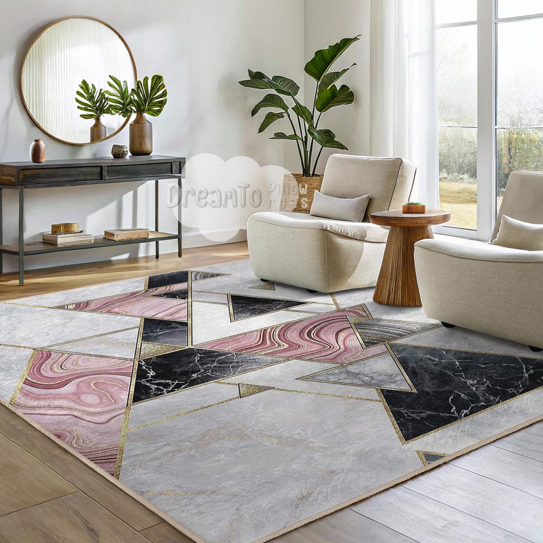 Geometric Triangle Marble Area Rug-Pink Gold Abstract Accent Carpet ...