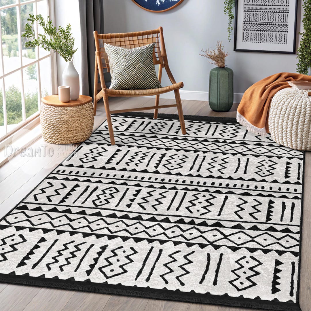 Black Tribal Geometric Mudcloth Area Rug-boho African Accent Carpet ...