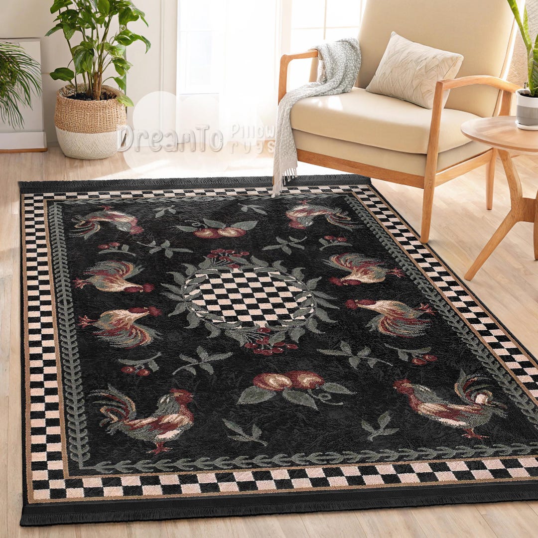 Country Kitchen Black Red Rooster Area Rug-farmhouse Checkered Border ...