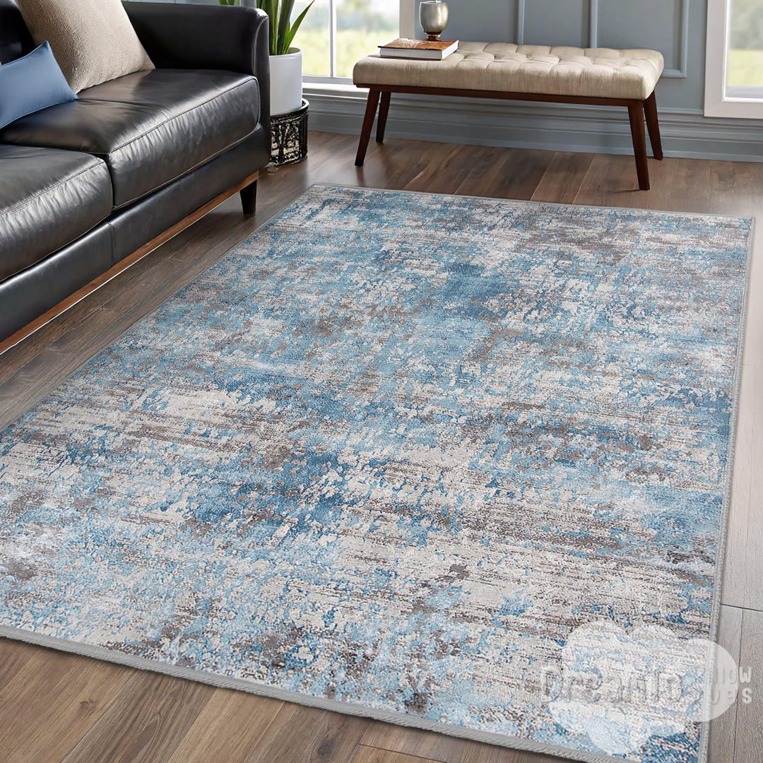 Abstract Blue Gray Area Rug- Watercolor Accent Carpet-coastal Rustic ...