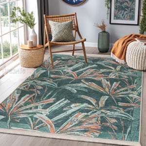 Tropical Palm Fronds Dark Teal Area Rug,exotic Coral Orange Botanical ...