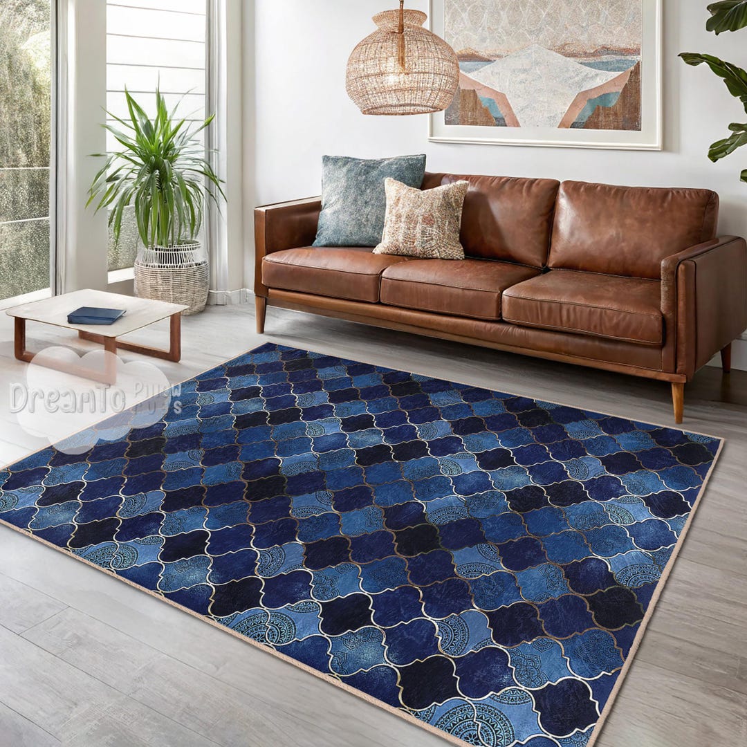 Moroccan Blue Arabesque Tile Area Rug-elegant Royal Navy Quatrefoil Rug ...