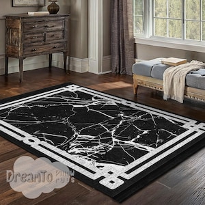 Elegant Black Marble Stone Area Rug-sleek White Veined Accent Carpet ...