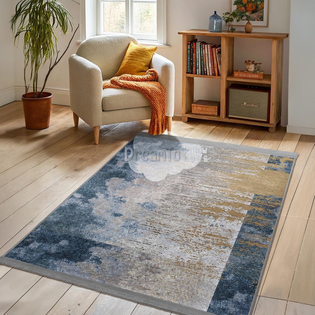Abstract Blue Gold Gradient Area Rug- Beige Brushstrokes Accent Carpet ...