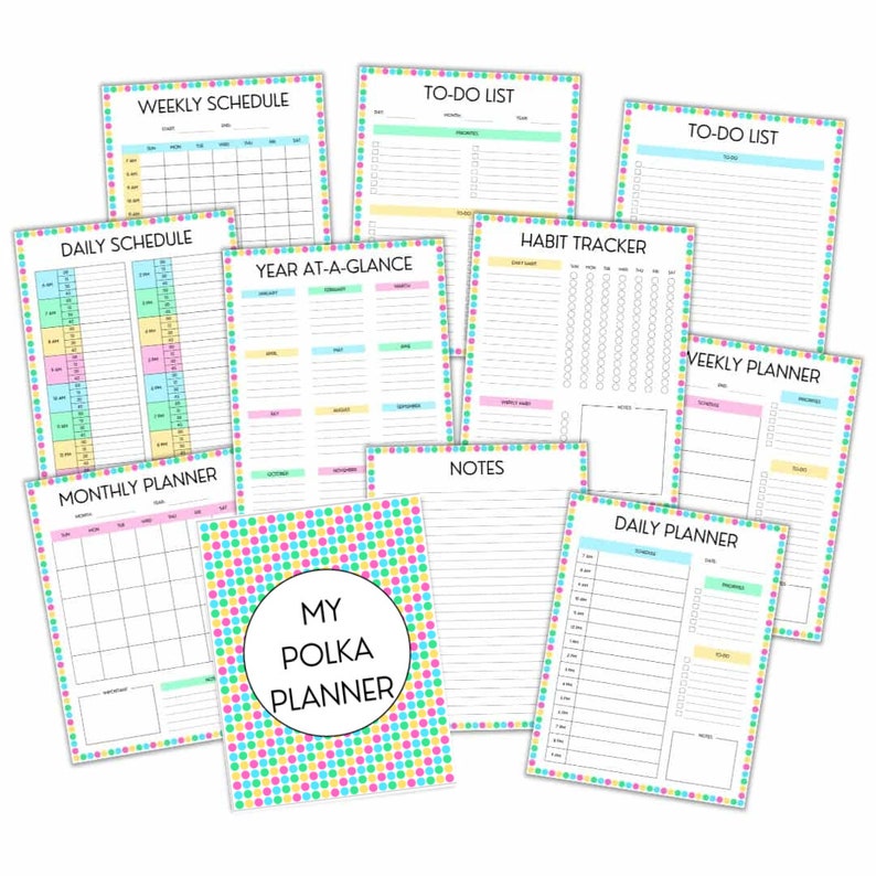 Colorful Polka Dot Printable Planner | Daily, Weekly, Monthly, Habit ...