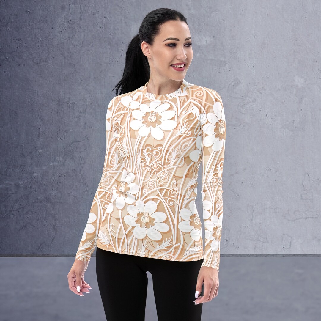 Peach Floral Rash Guard, Womens Flower Design Long Sleeve Sports Top ...