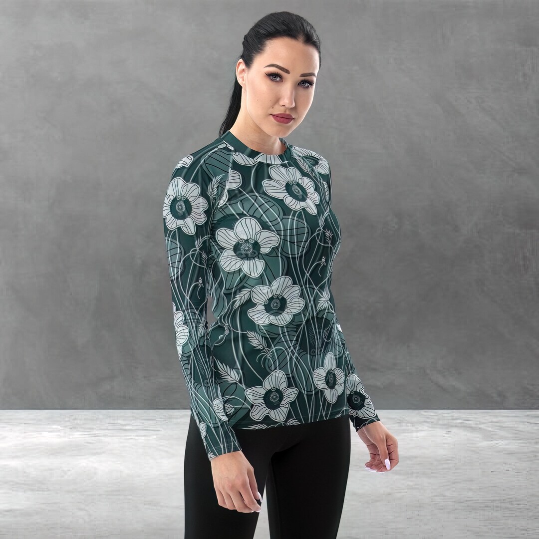 Midnight Green Rash Guard With Original Flower Design, Womens Long ...